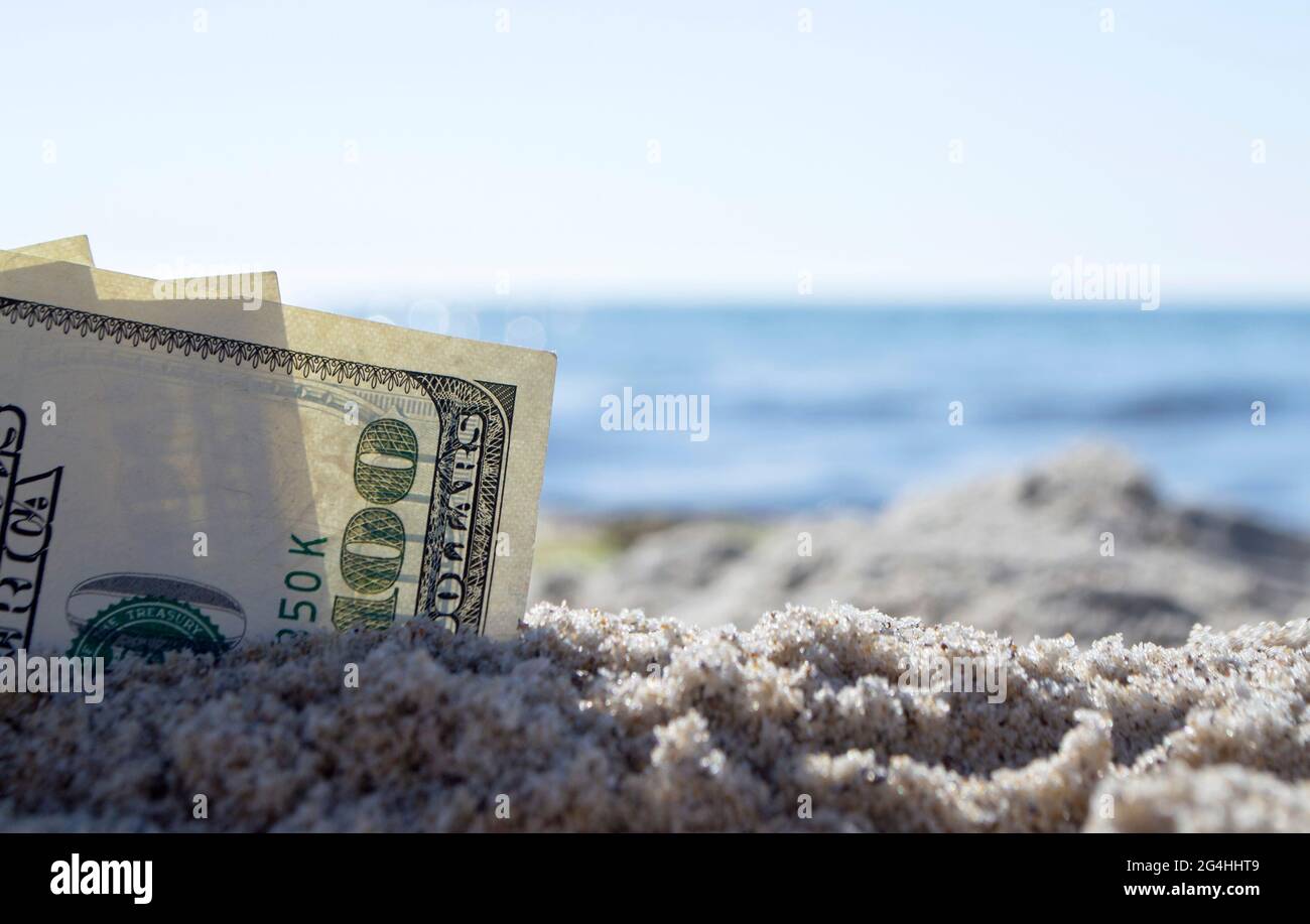 Three dollar bills are buried in sand on sandy beach near sea on sunny ...