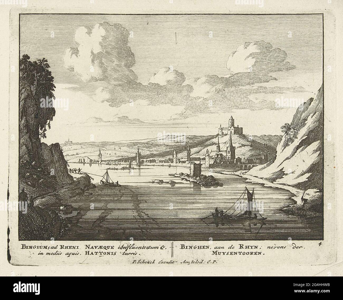 . The city of Bingen with the castle. In the Rhine on an island the ...