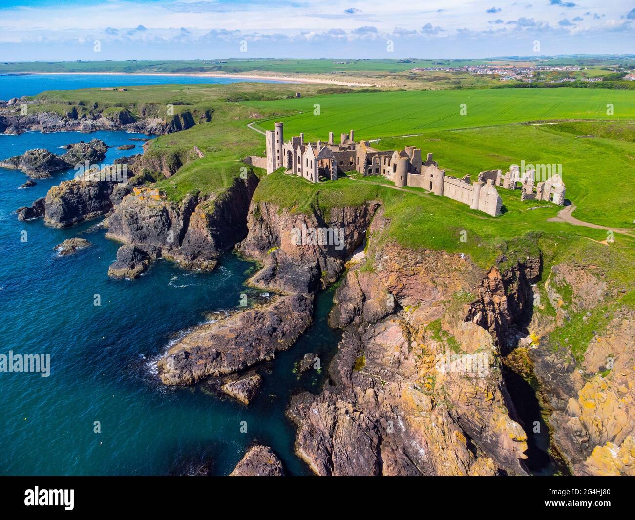 Aerial view from drone of Slains Castle on cliffs above Moray Firth ...