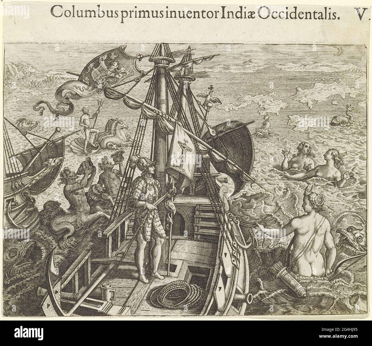 . Christopher Columbus on deck of his ship that is on his way to ...