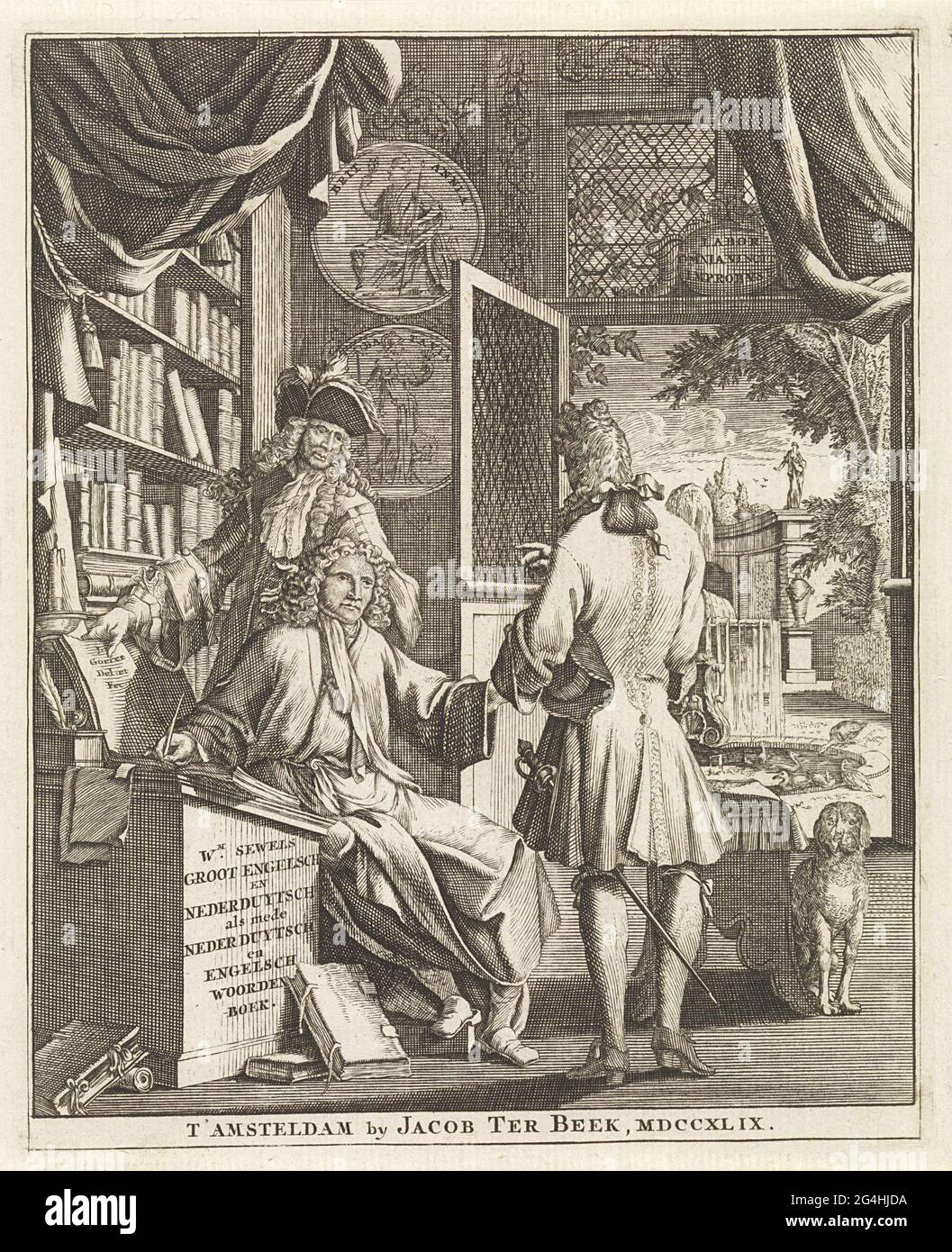 . Two gentlemen in eighteenth-century clothing talk to the scholar Sewels in his study. The ...