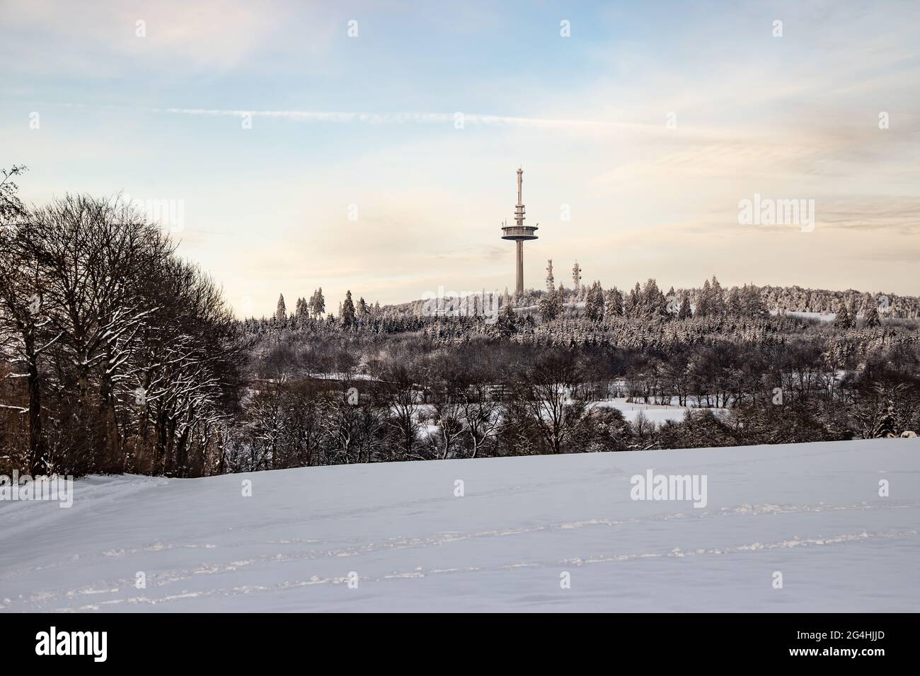 Winter in Vogelsberg with Hoherodskopf in beautiful landscape with snow ...