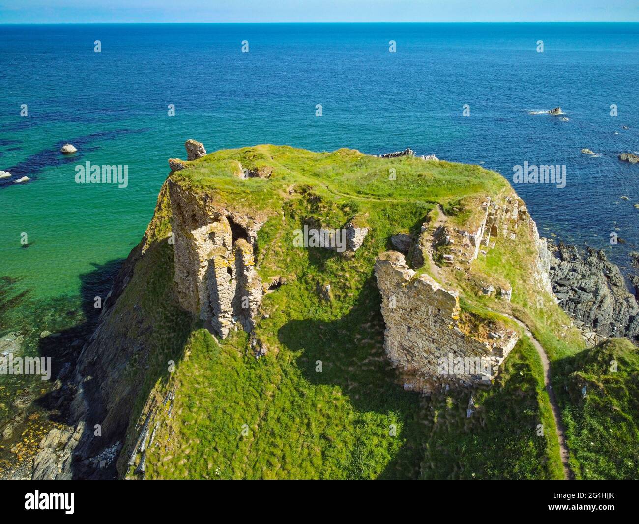 Aerial view from drone of ruins of Findlater Castle on Moray Firth in ...