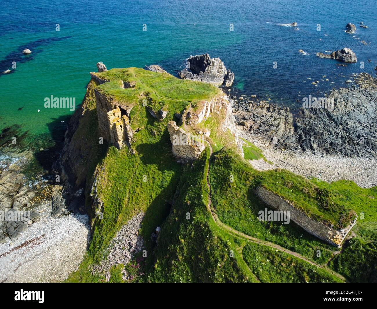 Aerial view from drone of ruins of Findlater Castle on Moray Firth in ...