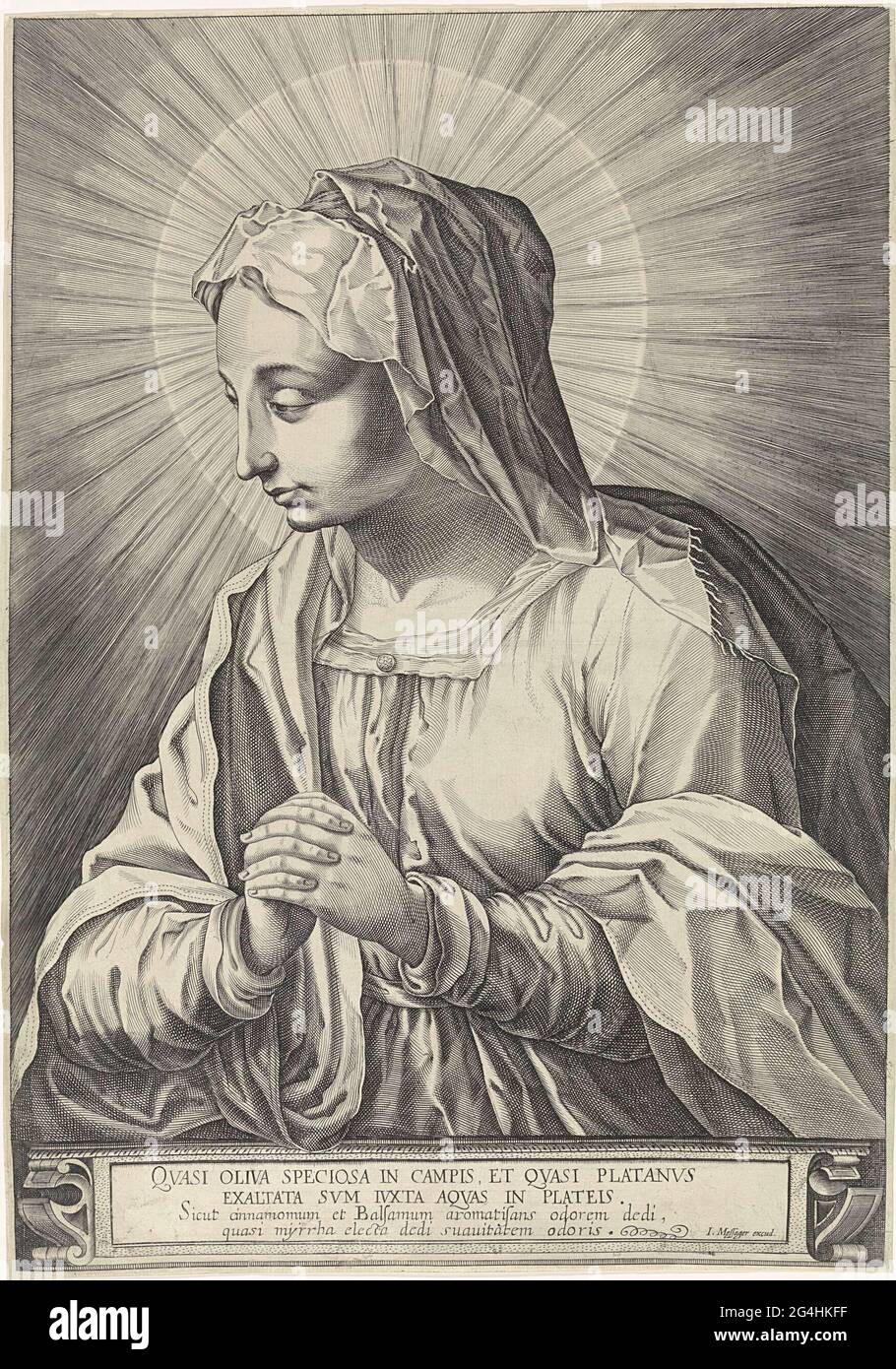 . Maria, in prayer, to the left. A four-line caption in Latin on the ...