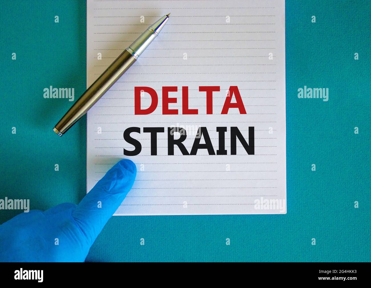 New covid-19 delta variant strain symbol. Hand in blue glove with white ...