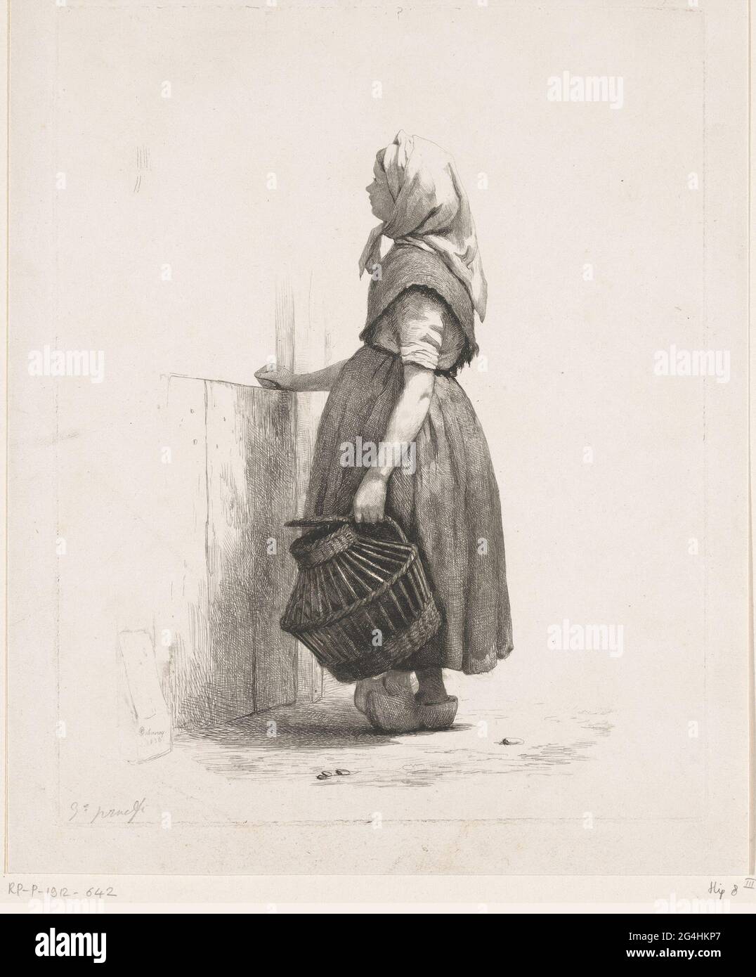 Standing girl with poultry basket; Five etching tests Stock Photo - Alamy