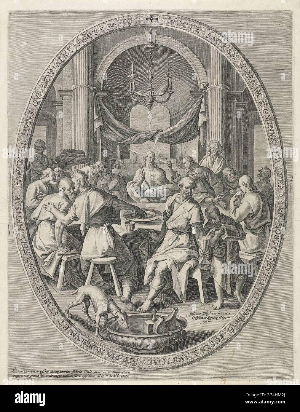 . Christ and his students sit around a table. Christ holds the bread ...