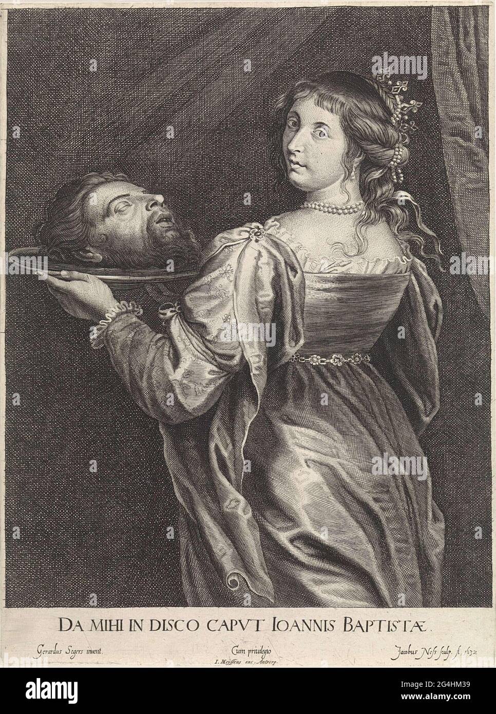 . Salome, seen on the back, with a crown and pearls in her hair, looks ...