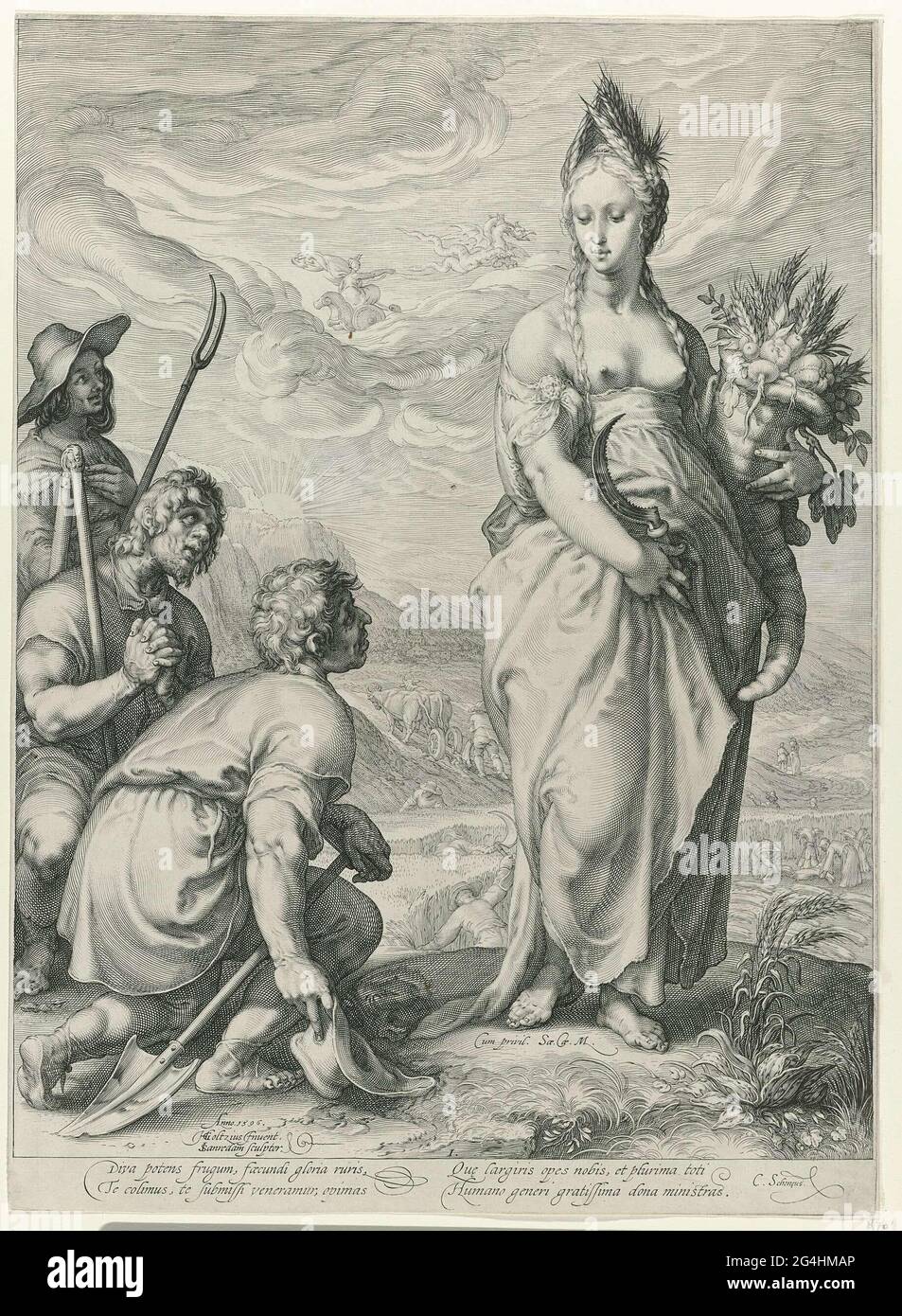 . Ceres, goddess of agriculture, honored by three farmers. Her head is ...