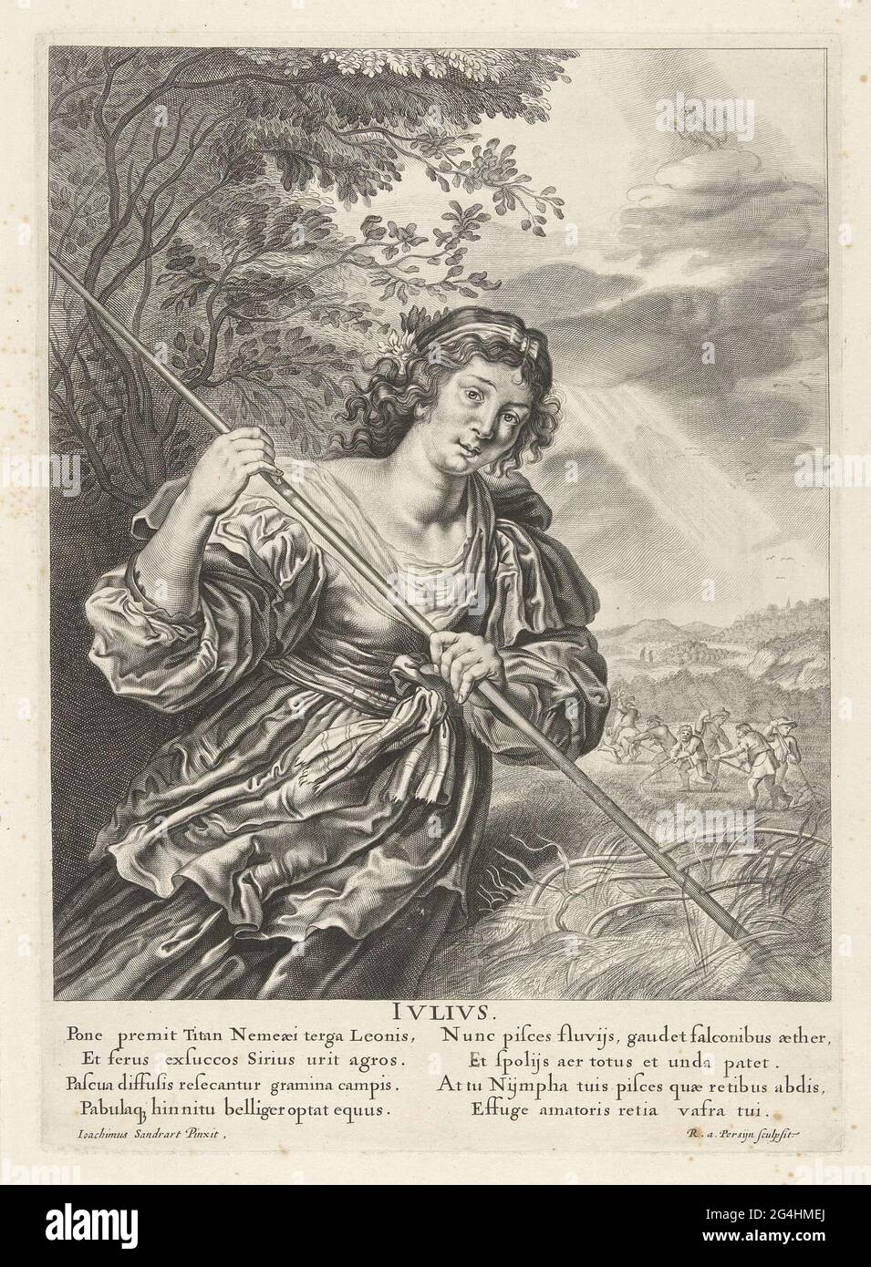 . The month of July: a harvesting woman and, in the background, a group ...