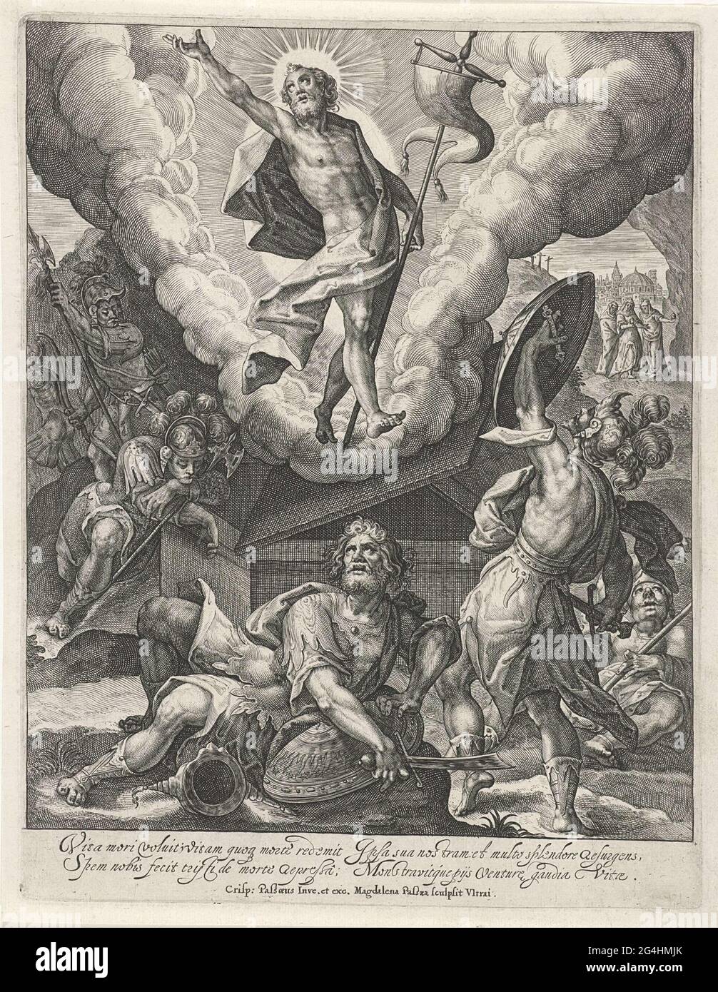 . Christ rises from his grave. The soldiers who are scared and flights ...