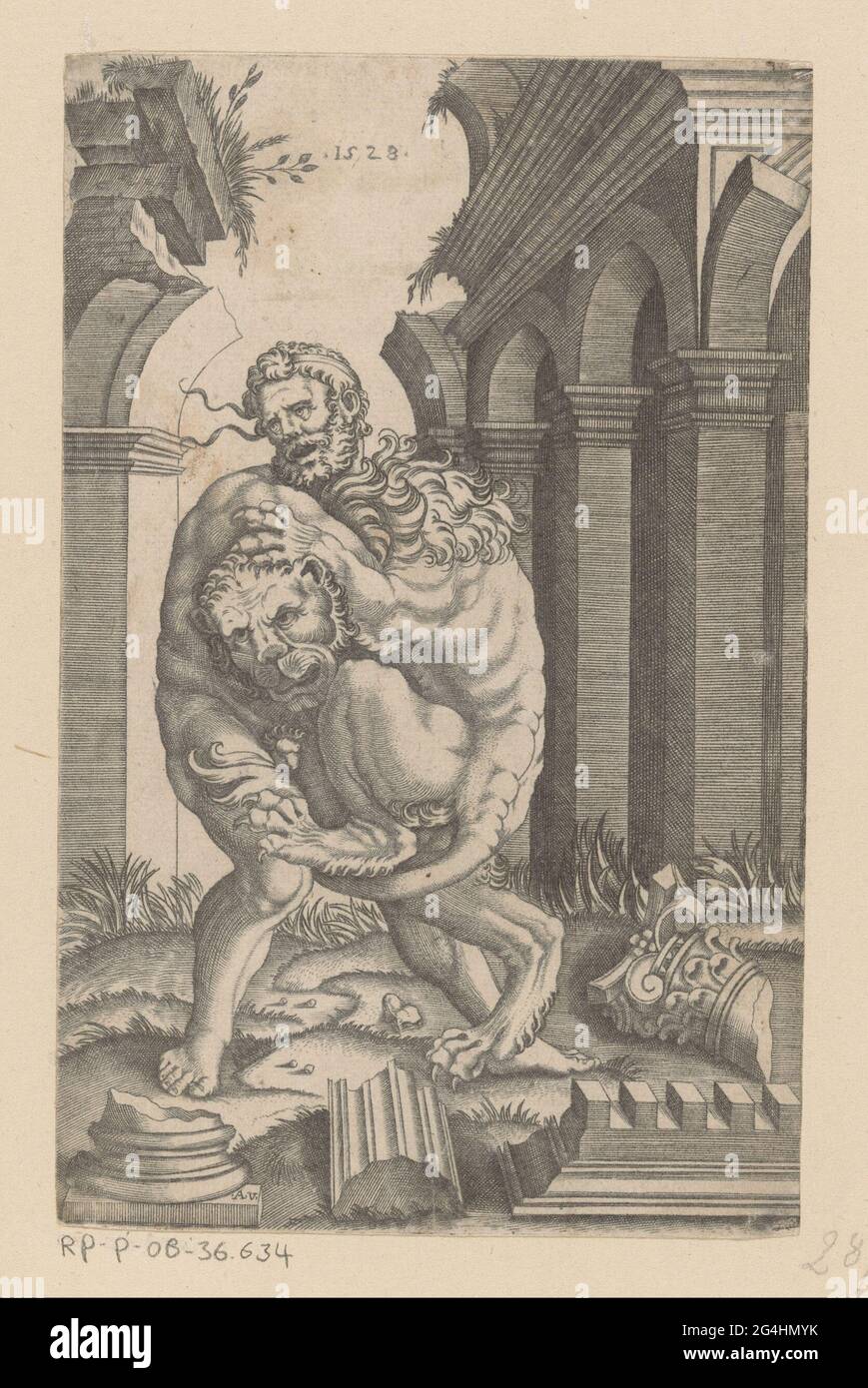 Hercules and the Nemean lion. Hercules stands between the antique ruins ...