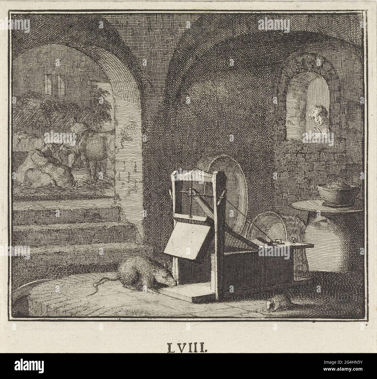 . A cellar with a table with a trap in the foreground. A rat and a ...