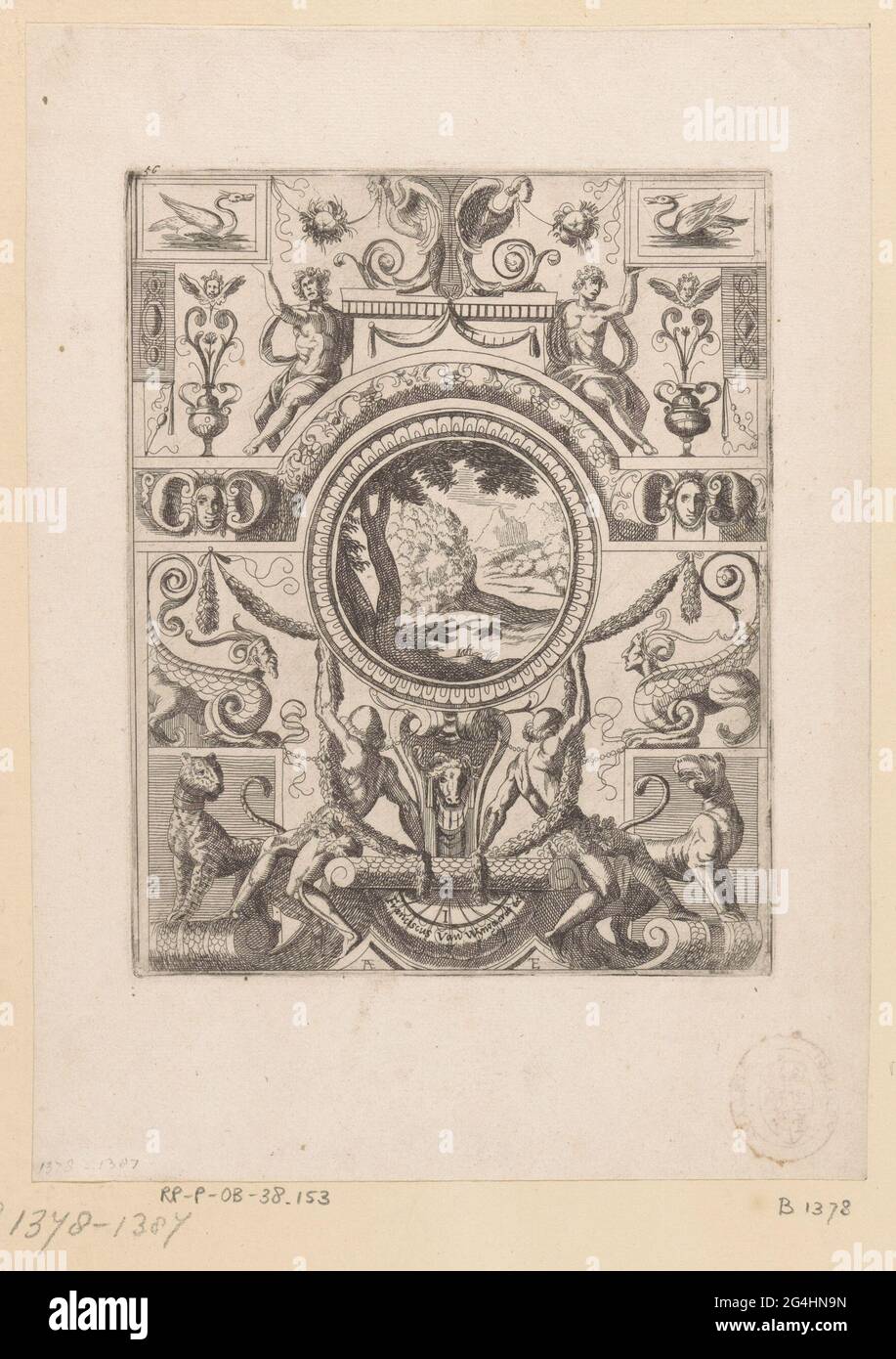 Grotesque ornament with landscape in the middle; Grotesque ornaments ...