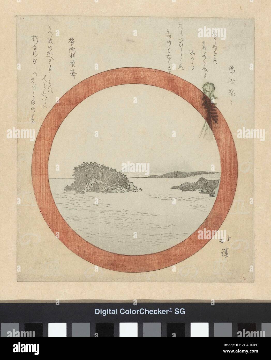 . In a red circle a face on Enoshima in the Sagami province, with the ...