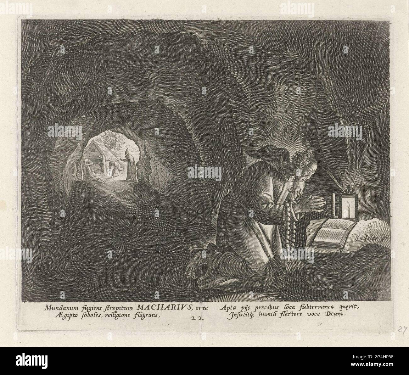 . The H. Macarius of Egypt as a hermit in a cave. He has been kneeling ...