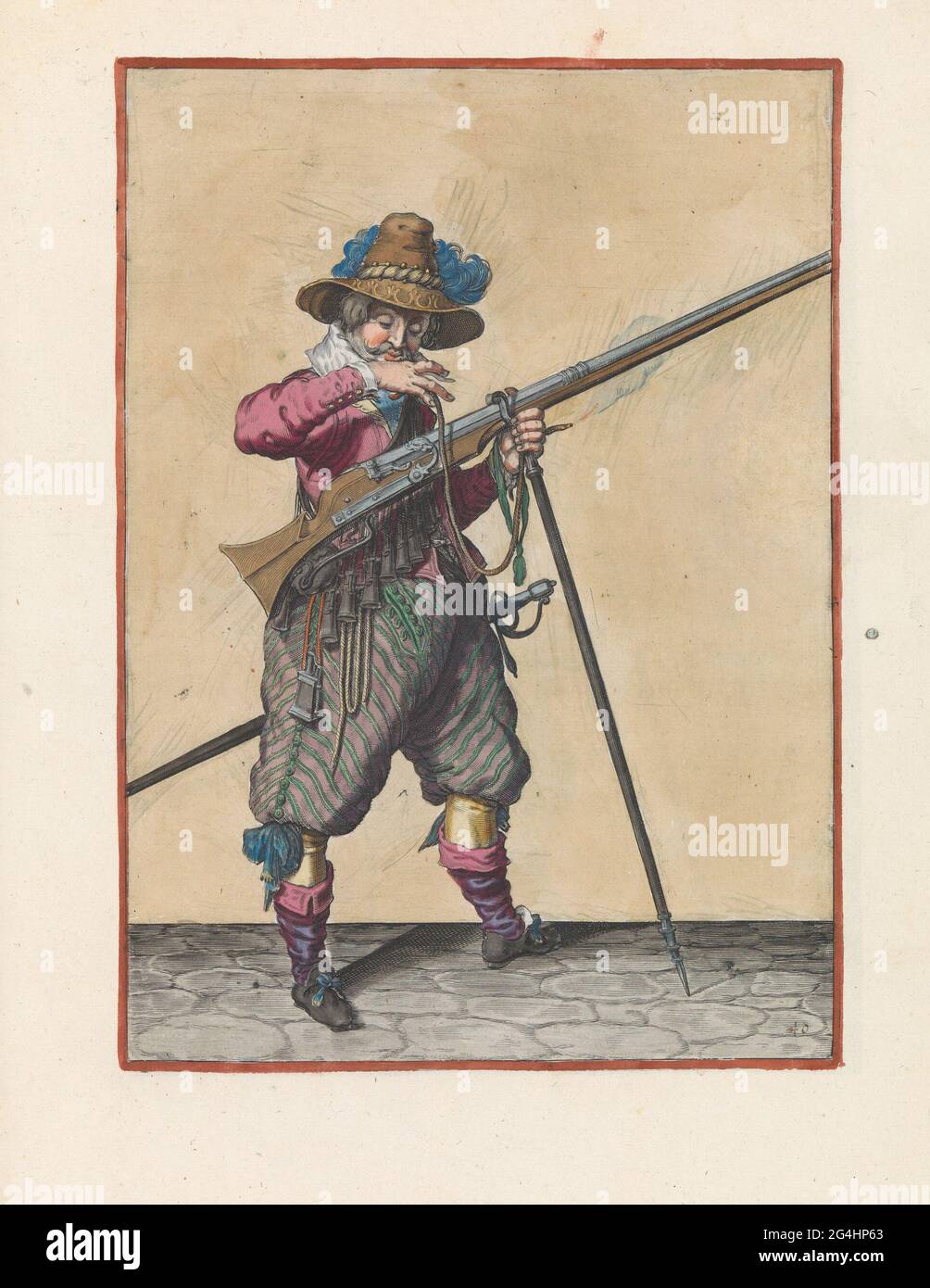 Soldier is waiting with a musket that his wick brings to his mouth to ...