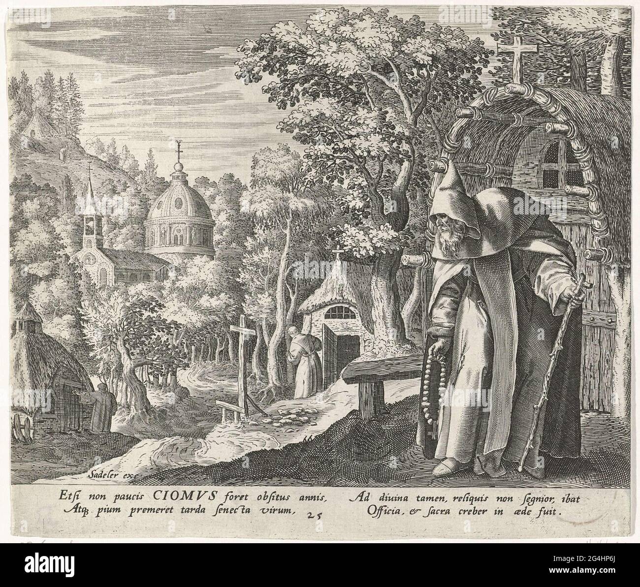 . Ciomus the hermit for a cabin. In his hands a staff and a rosary. In ...