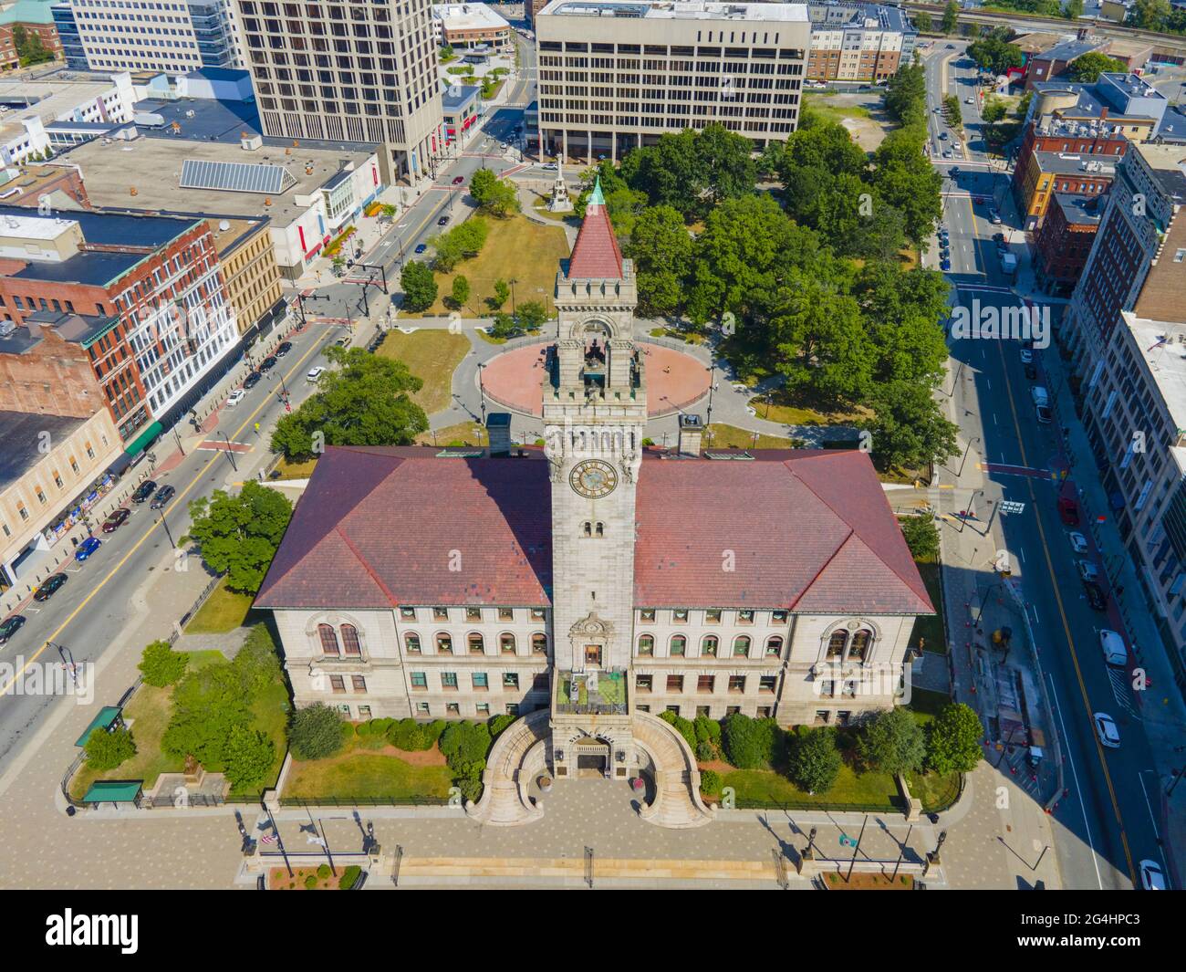 Aerial view of Worcester historic center including Worcester City Hall ...
