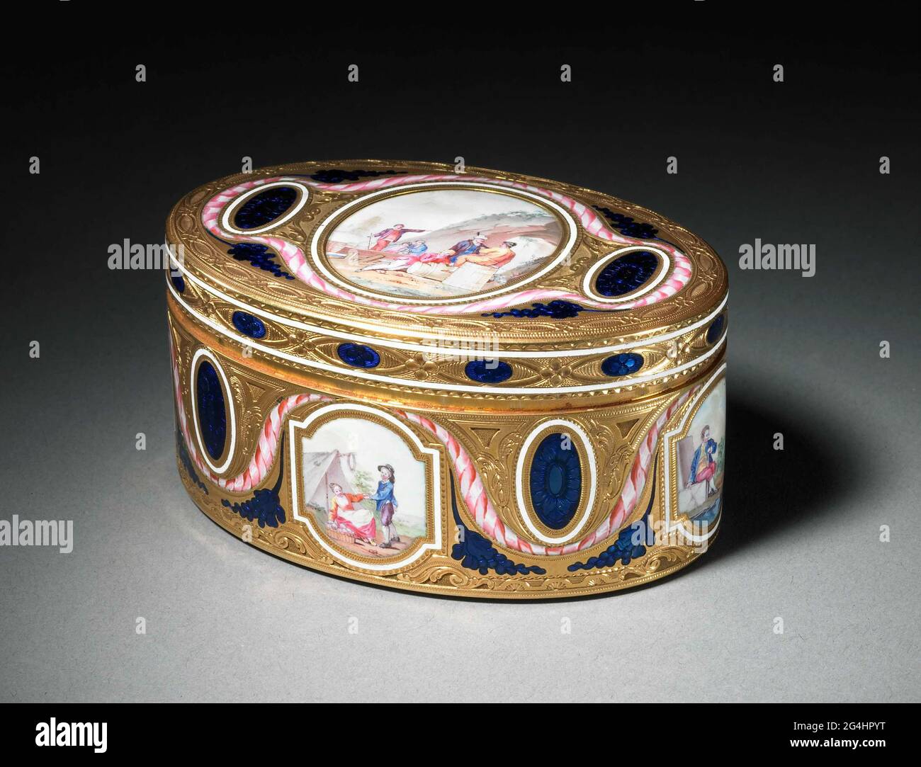 . Oval gold box, with scenes in email. Painting on the underside ...