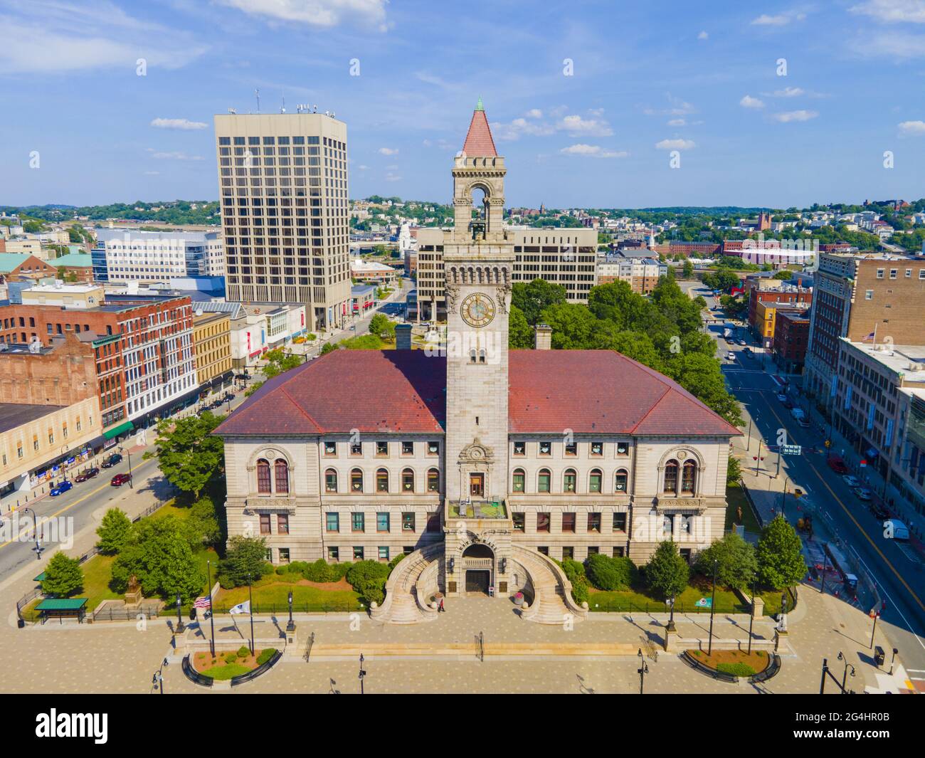 Aerial view of Worcester historic center including Worcester City Hall ...
