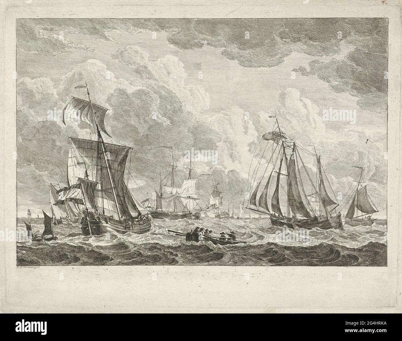 . Various sailing ships and a rowing boat on open water. There are four ...