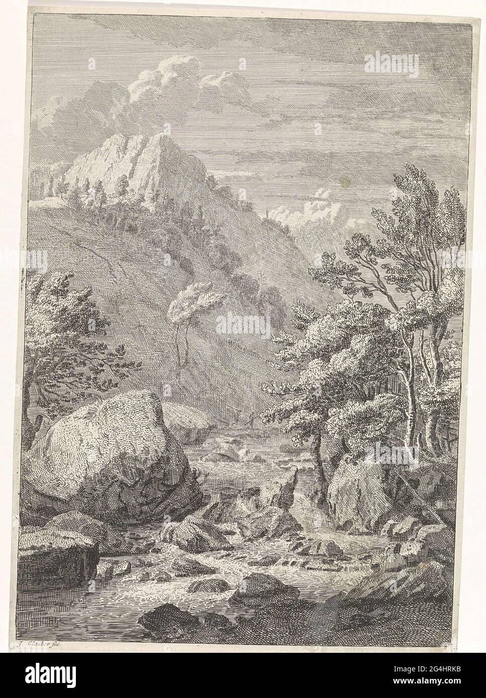 . Landscape with a ravine, a small waterfall and a few trees. In the ...