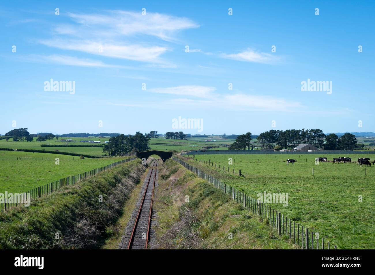 Single track railway in cutting near Eltham, Taranaki, North Island ...