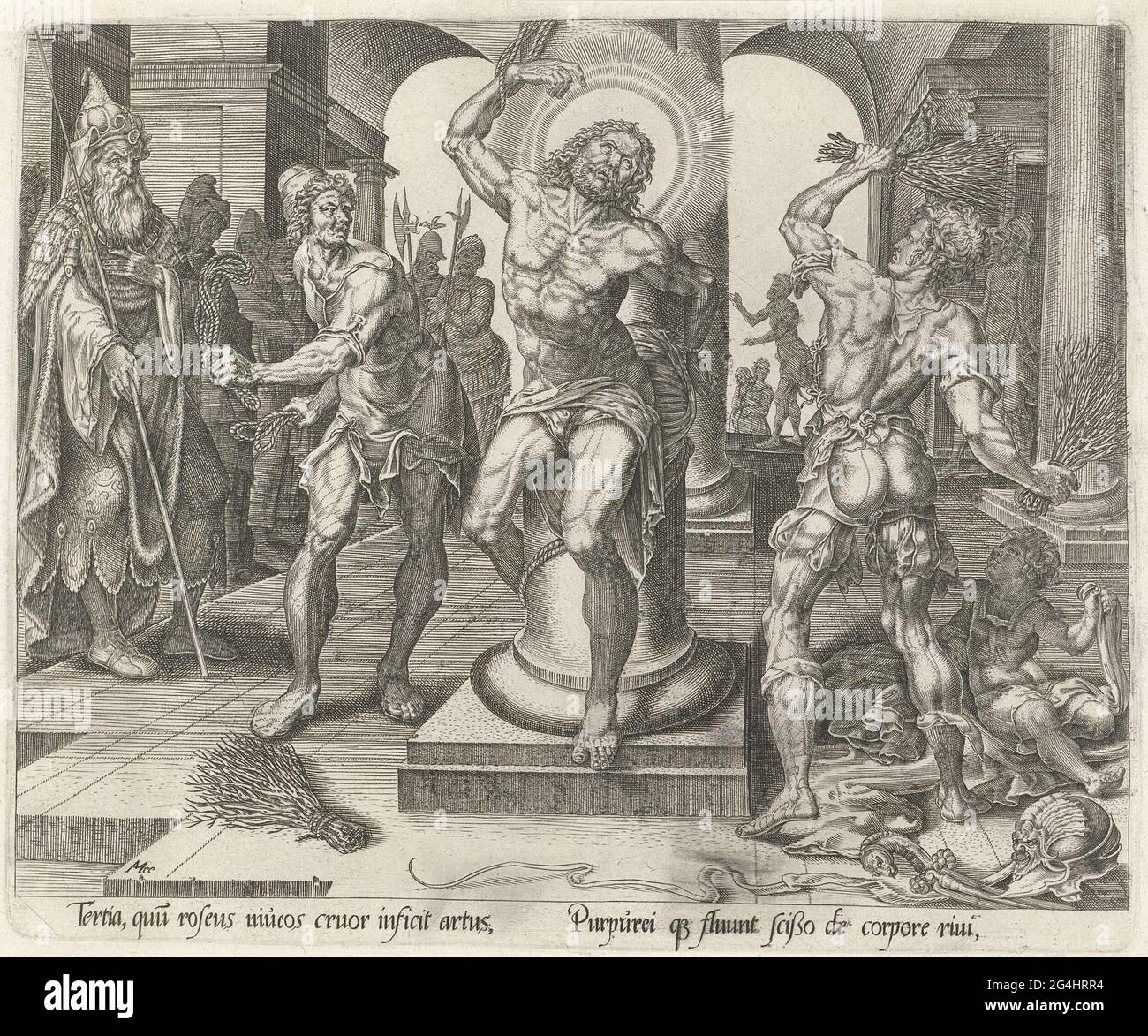 . Christ, tied to the Geselpaal, is driven by two men with rod and rope ...