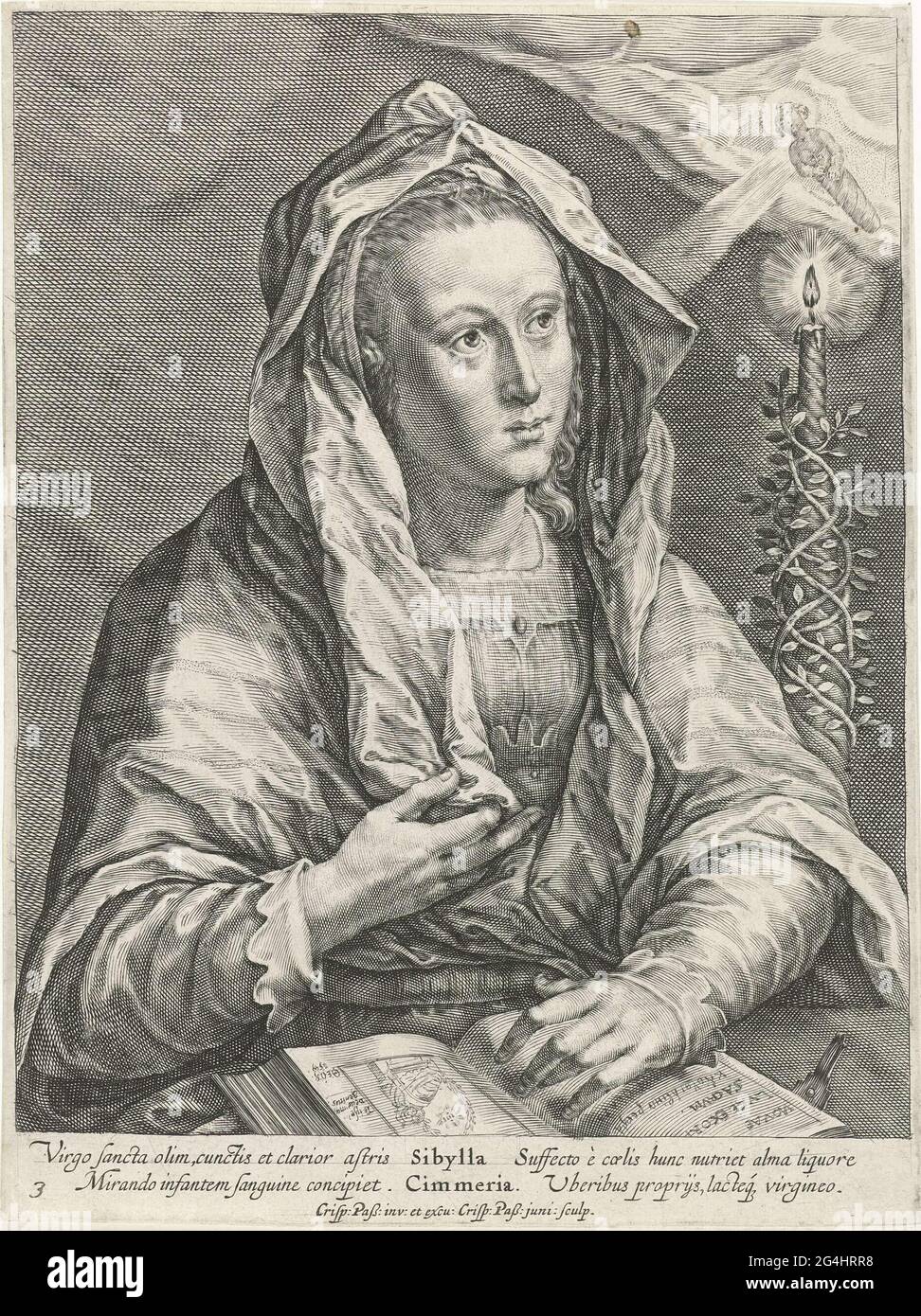 . The Cimmeric Sibille is at a table on which a sloping book is located ...