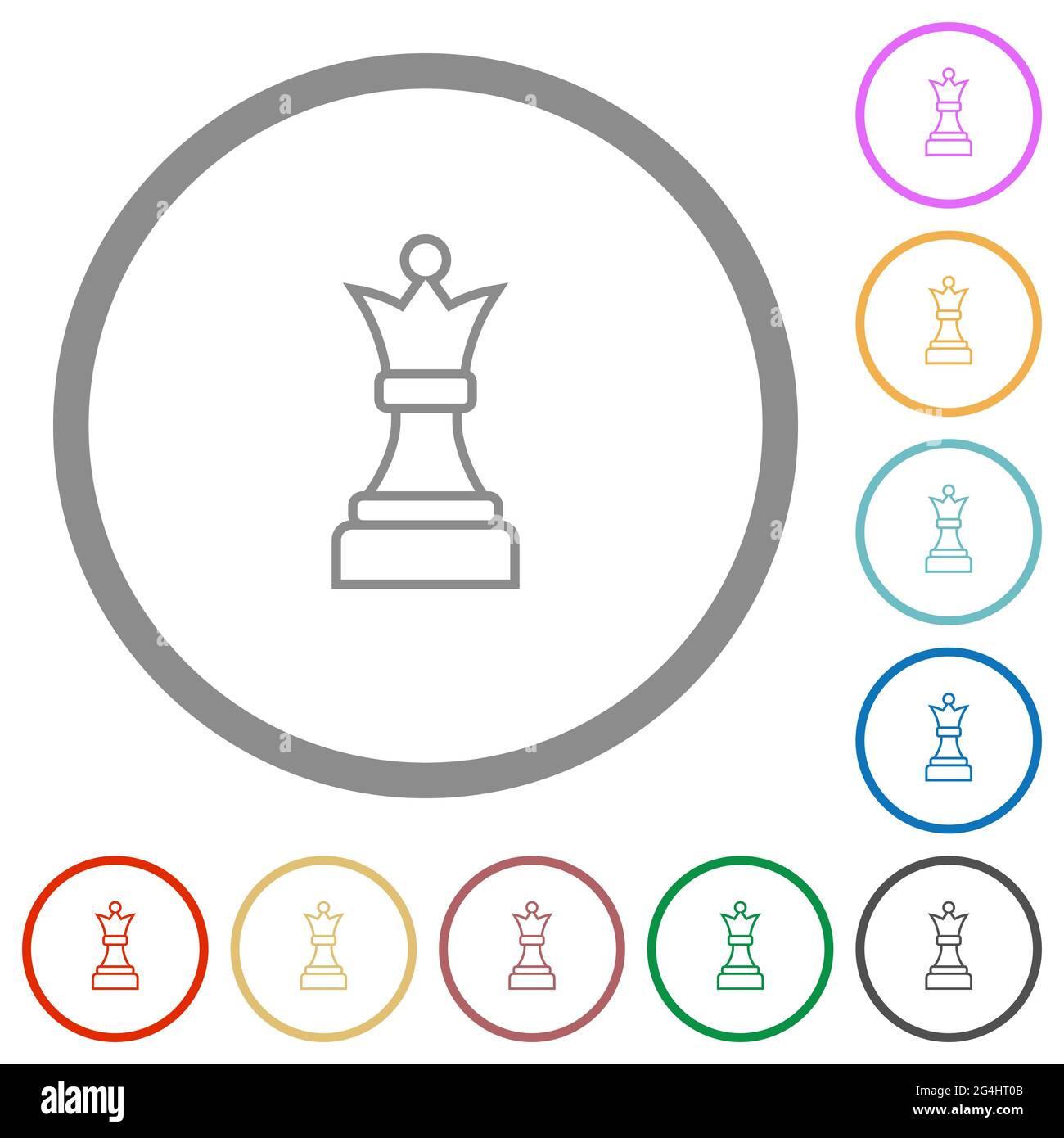 White chess queen flat color icons in round outlines on white ...