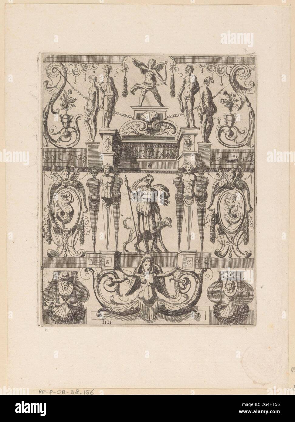 Grotesque ornament with the goddess Diana in the middle; Grotesque ...