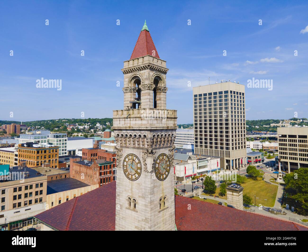 Aerial view of Worcester historic center including Worcester City Hall ...