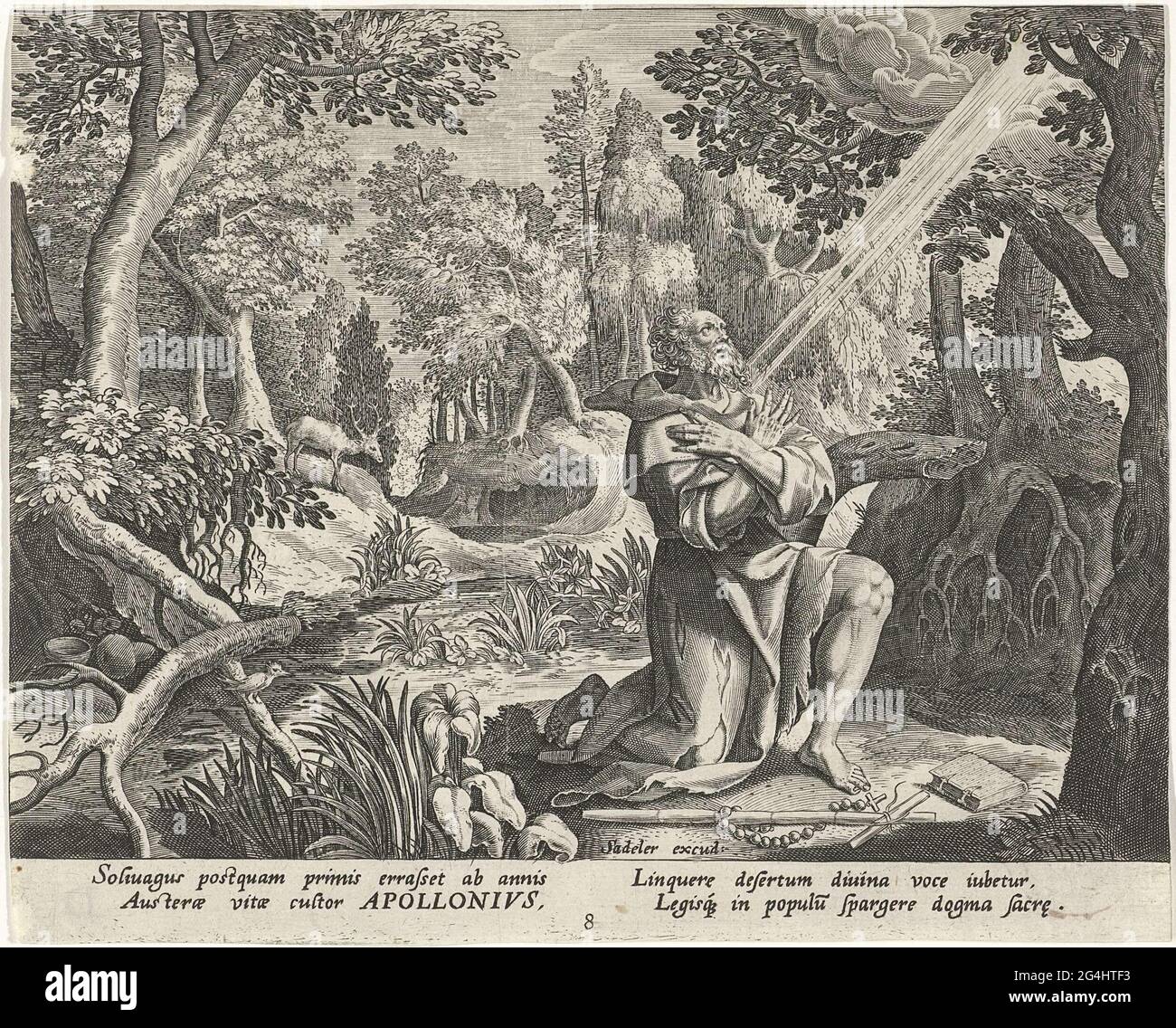 . The early Christian recluse Apollonius is kneeling in a forest ...