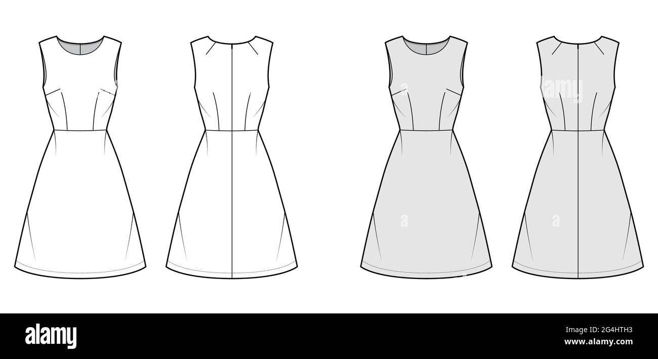 Dress A-line technical fashion illustration with sleeveless, fitted ...