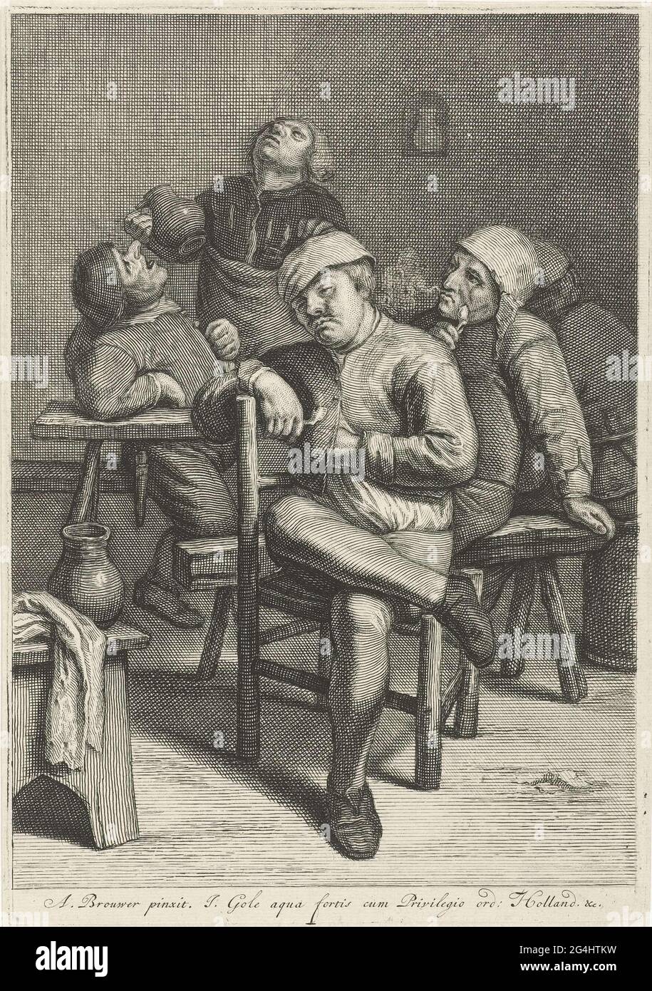 . In the middle of an inn is a farmer with a pipe in hand. Behind him ...