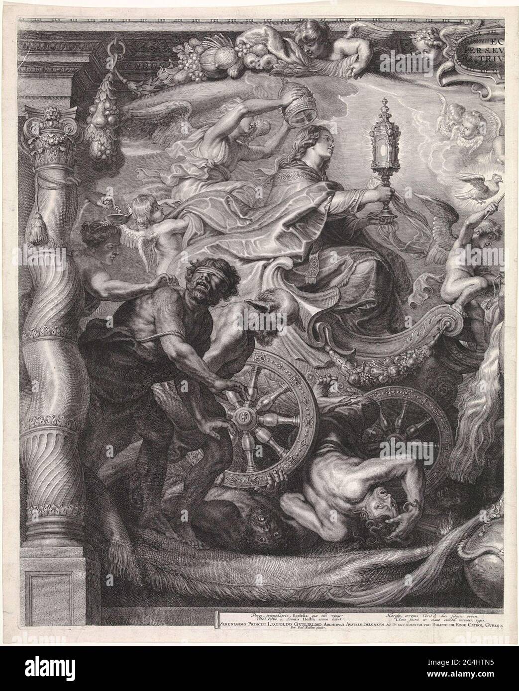 . Female personification of the church is sitting on a triumphar with a ...