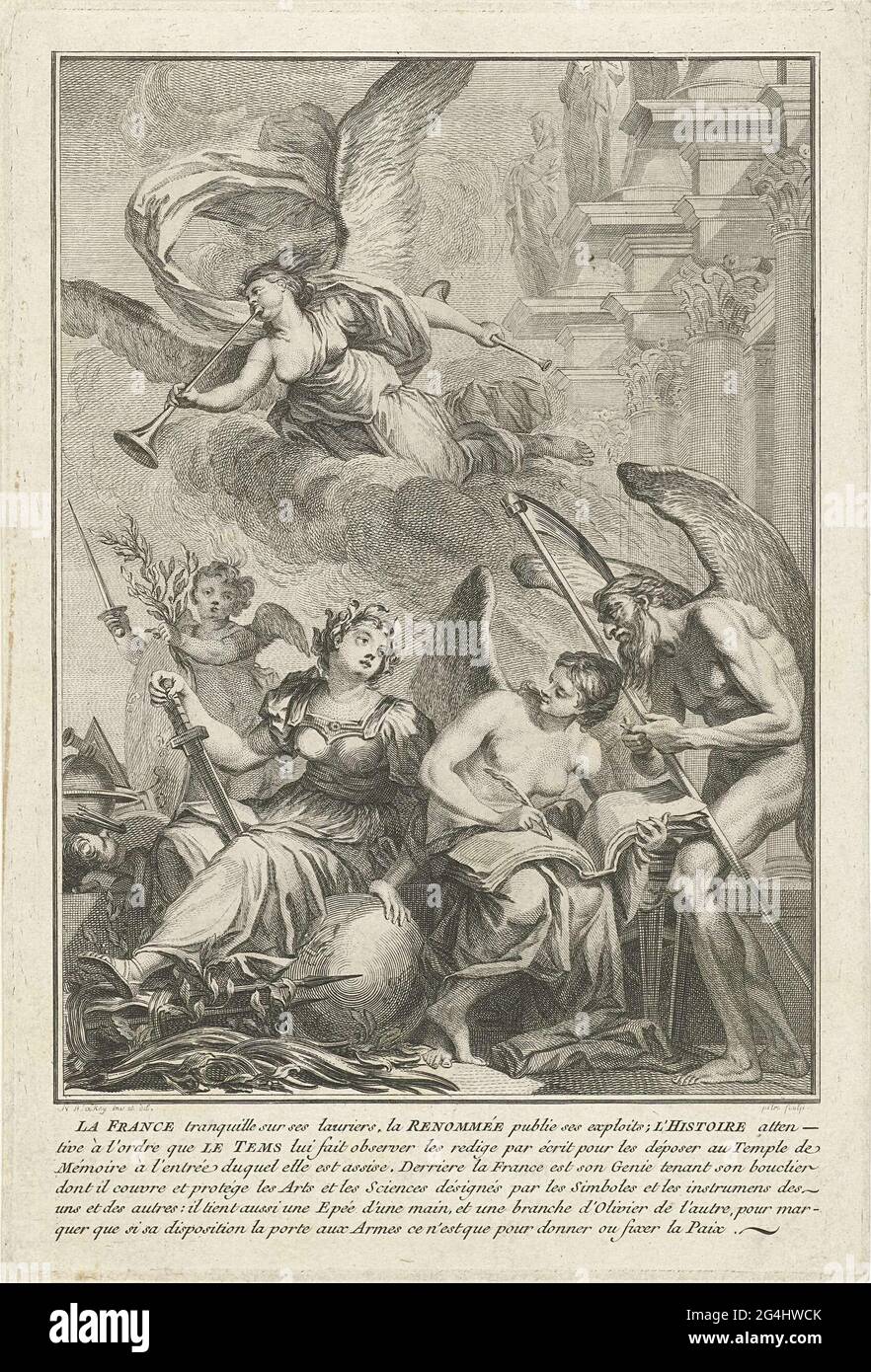 . A seated allegorical woman figure, representing France, with a putto ...
