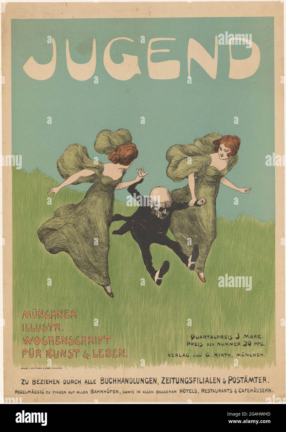 Poster for the Jugend magazine. Grass field with two running young ...