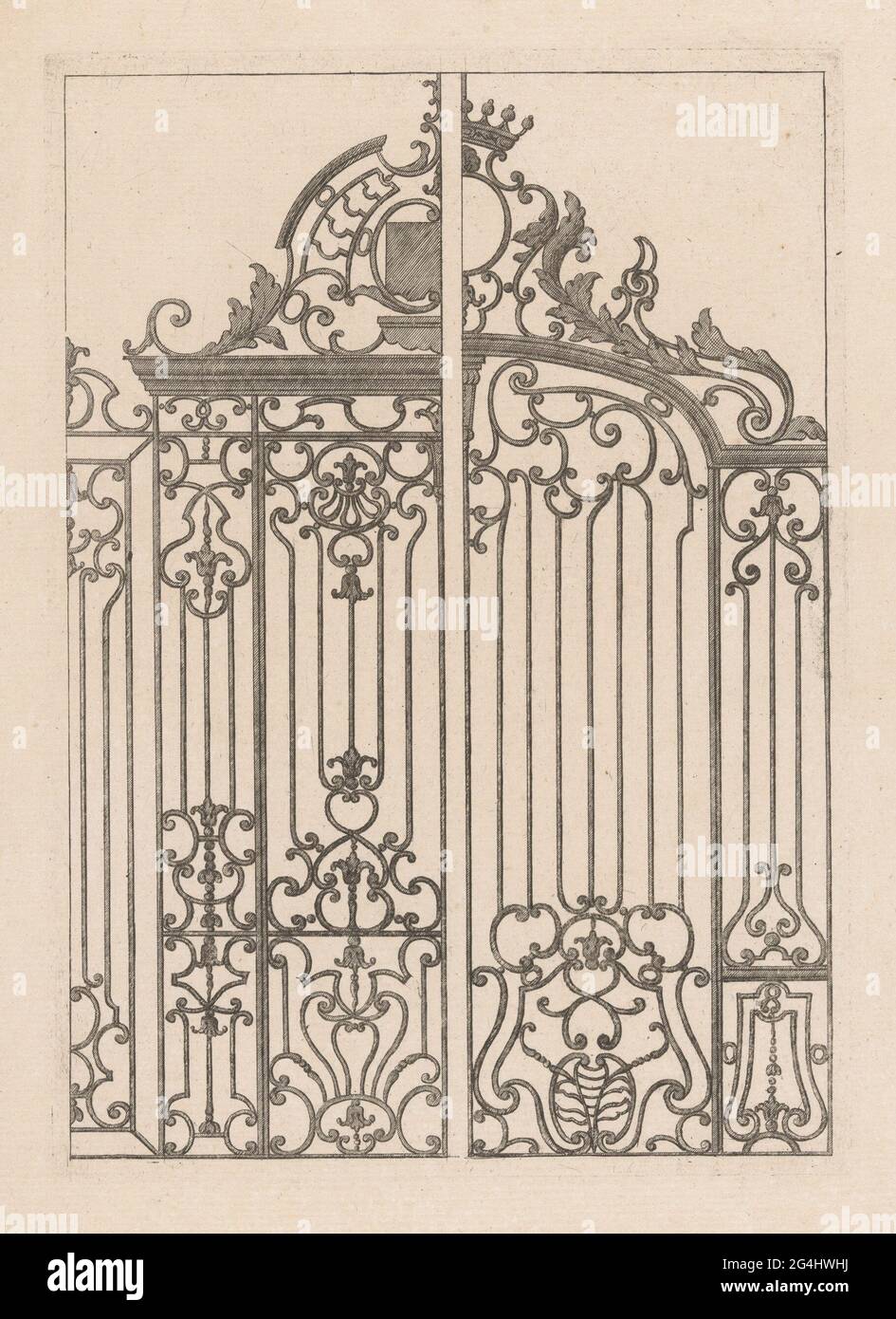 Gates with crown. Two half designs for gates with leaf motifs and right ...