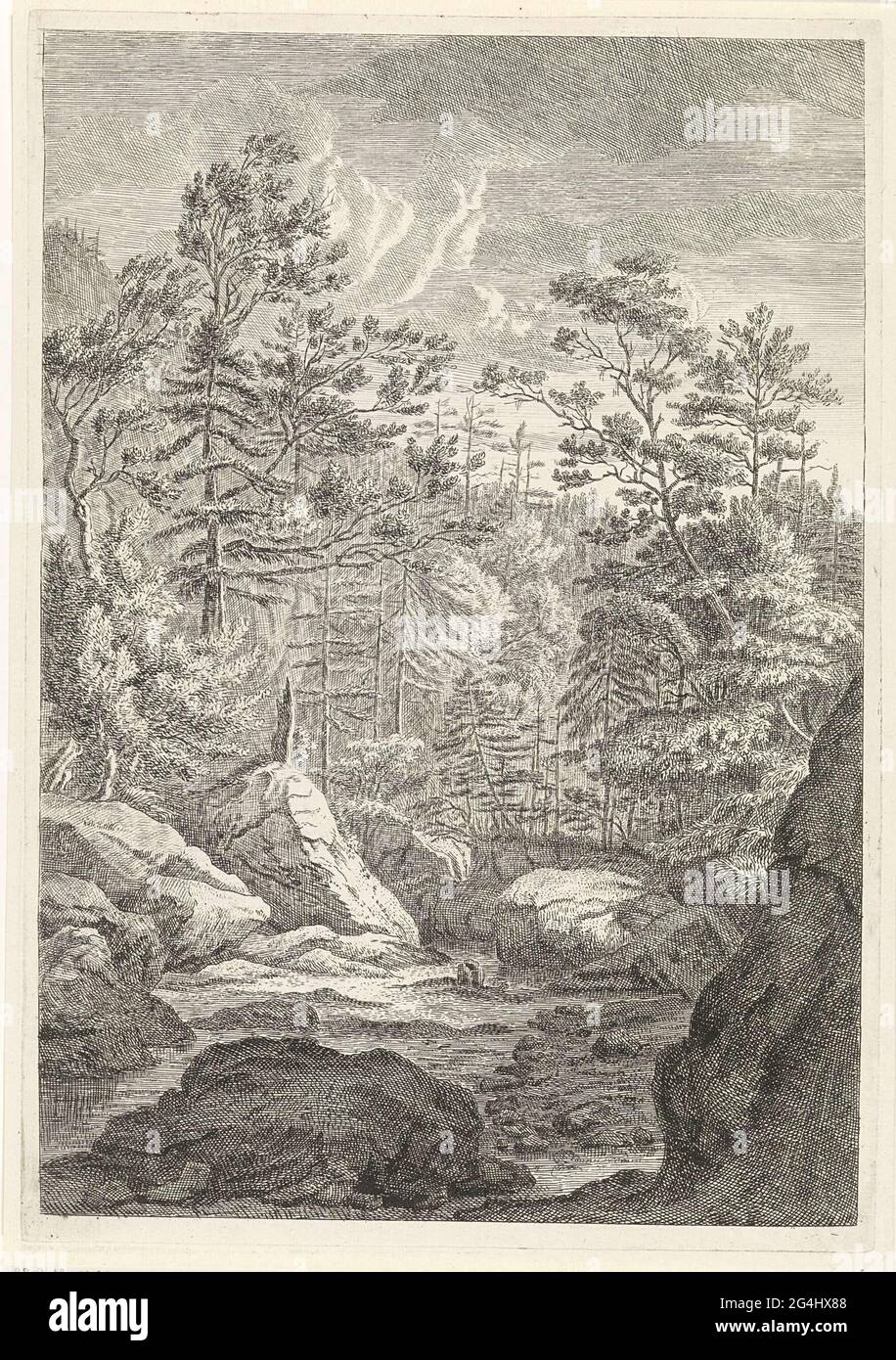 . Landscape with a ravine, a stream and some trees. The print is part ...