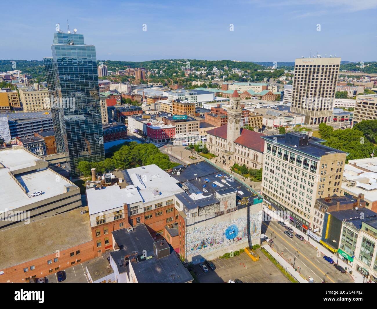 Worcester City Hall aerial view and Worcester Plaza building on Main ...