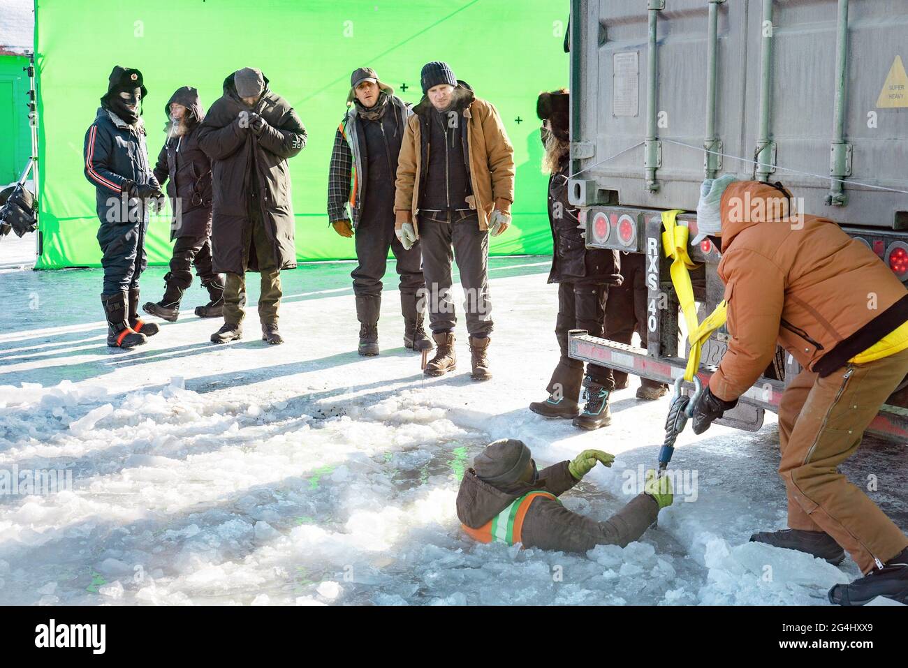 THE ICE ROAD, standing center from left: Marcus Thomas, Liam Neeson, on ...