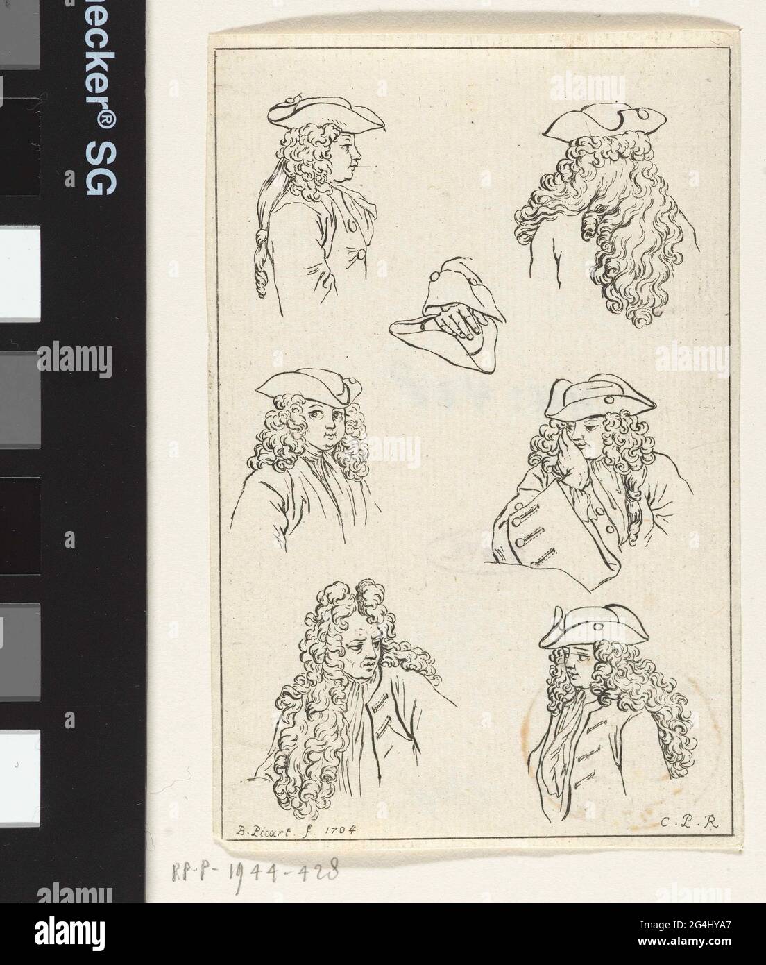 . Six men's heads with wigs and hats according to fashion of approx ...