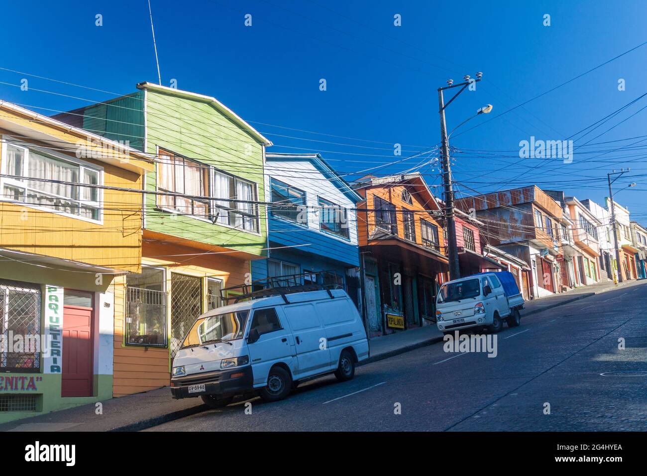 CASTRO, CHILE - MARCH 22, 2015: Steep street in Castro, Chiloe island ...