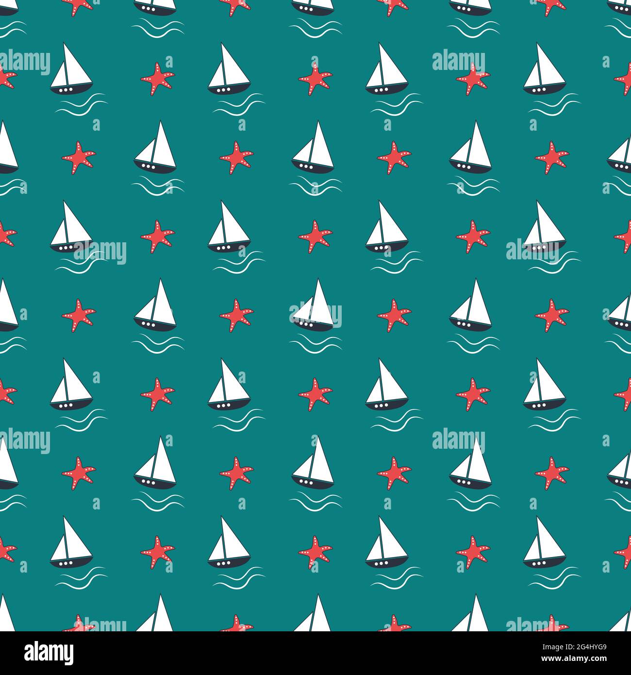 Summer nautical pattern with ships, waves and starfish on a blue ...