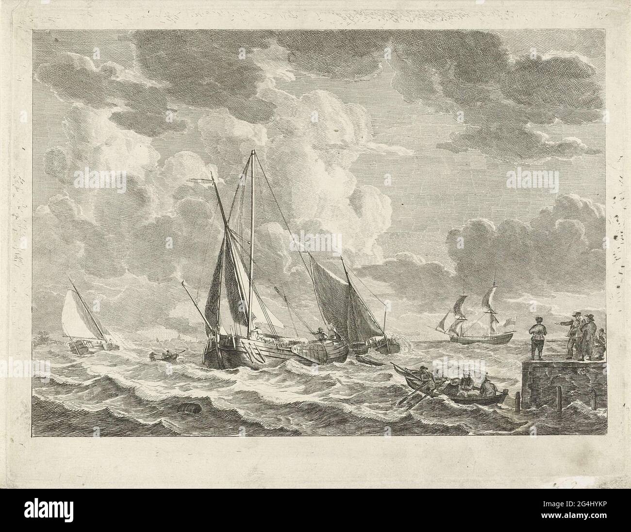 . Sailing ships on turbulent water with a rowing boat on the right with ...