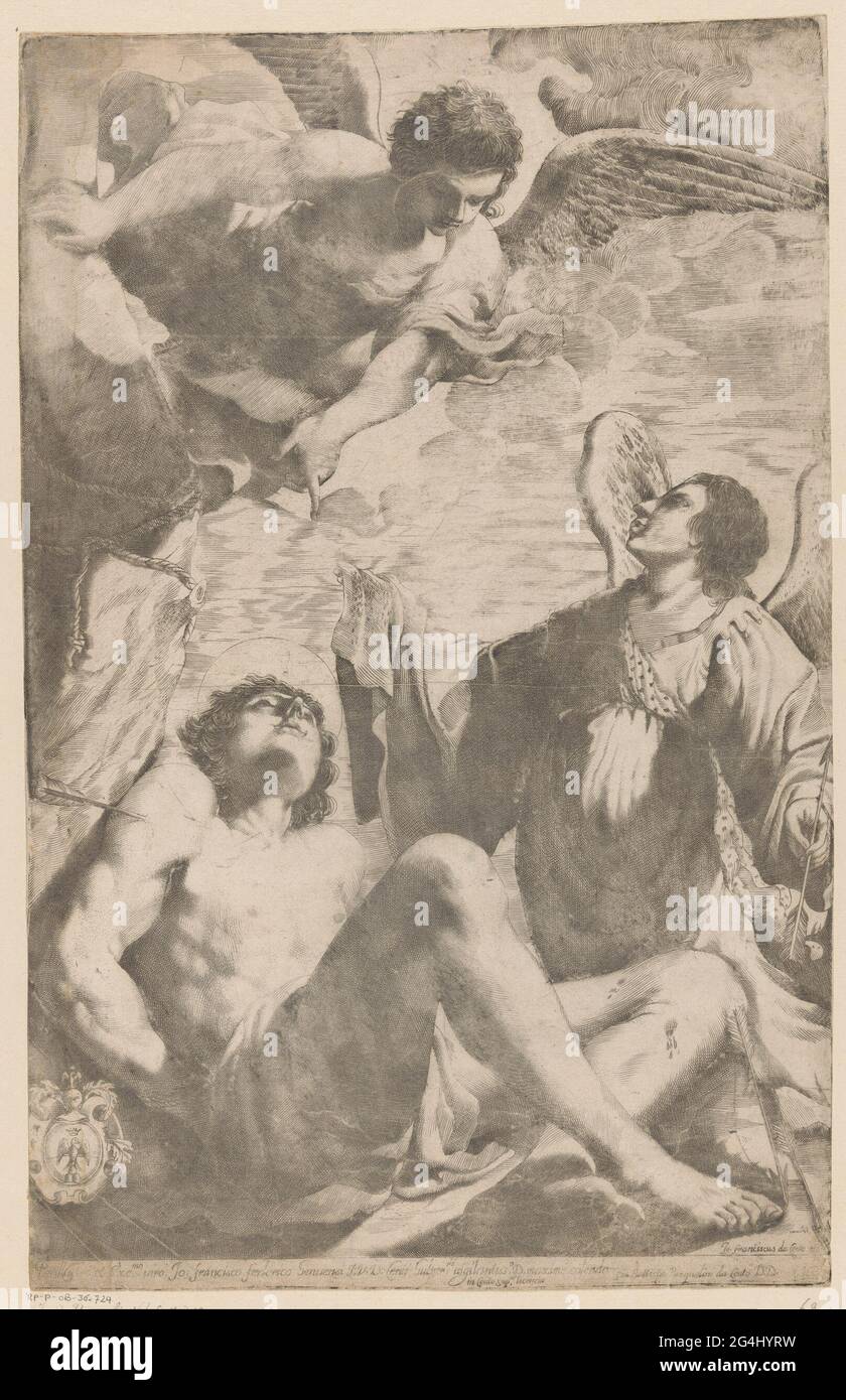 Sacred Sebastian and two angels. Saint Sebastian tied to a tree with ...