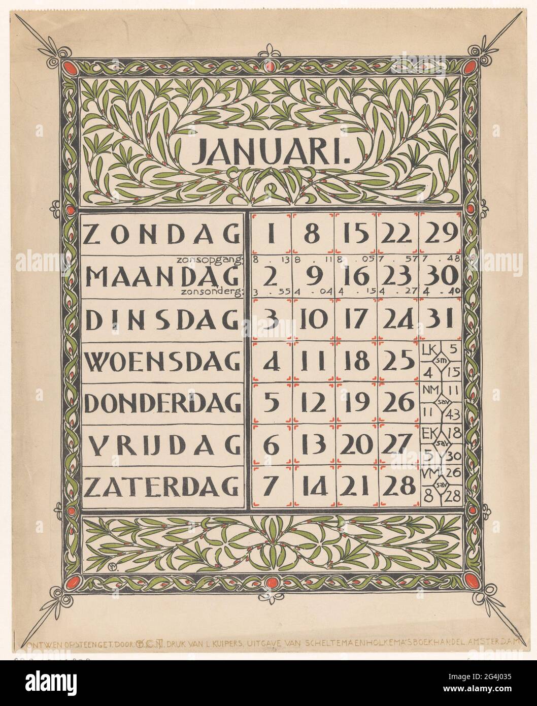 Calendar blade for January 1899. A rectangular frame filled with the ...